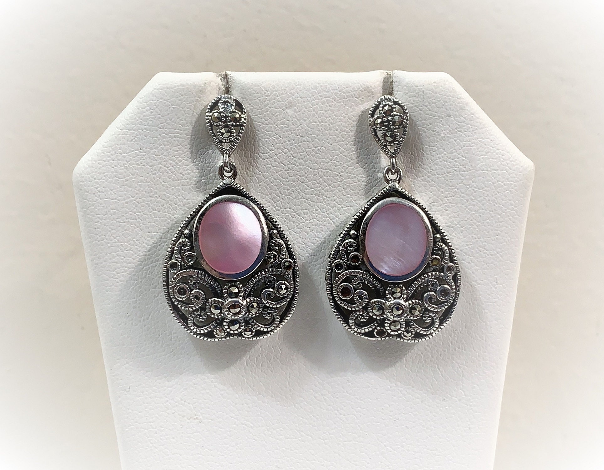 Vintage Sterling Silver Marcasite And Pink Mother Of Pearl Dangle
