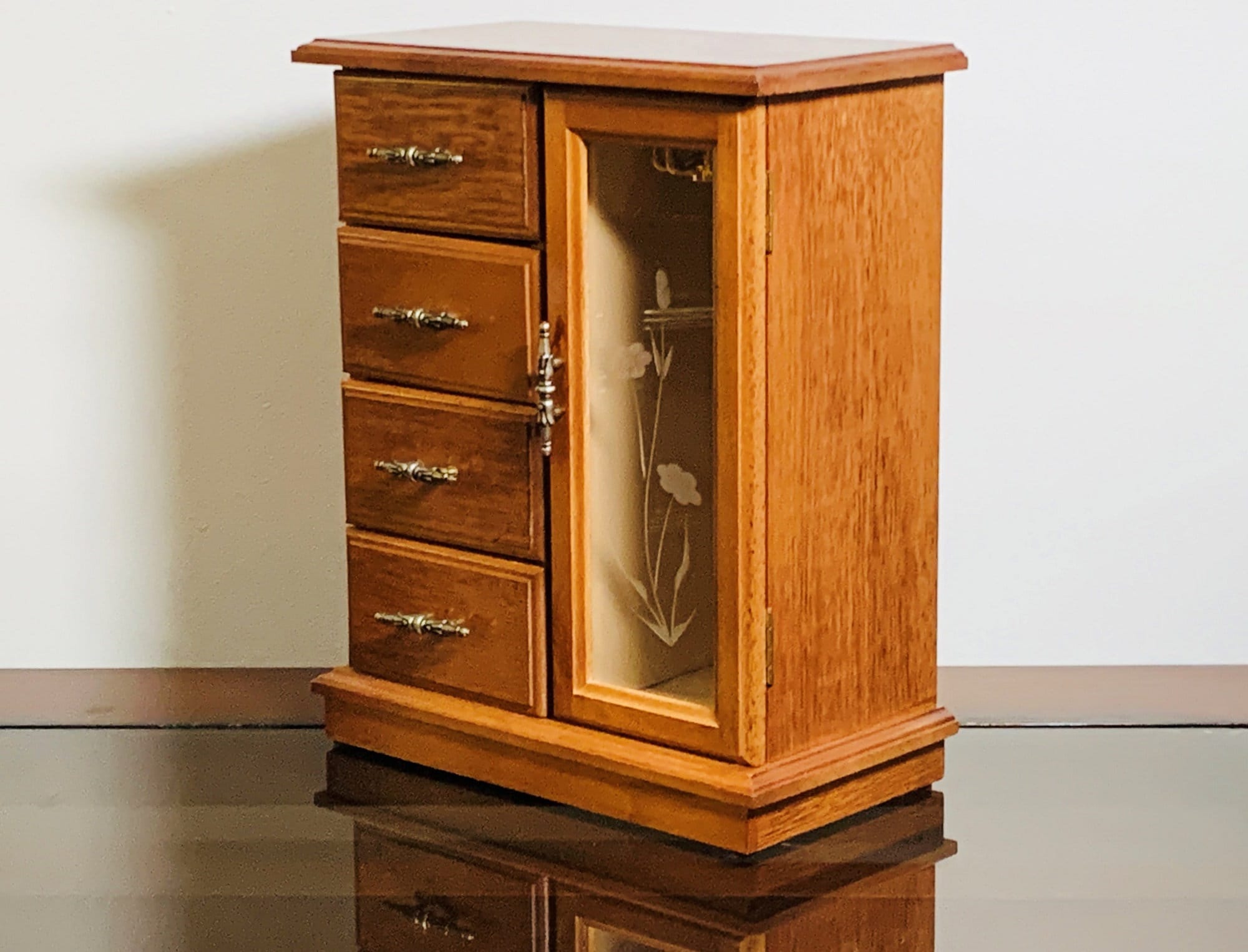 Vintage Red Oak Musical Jewelry Armoire, Sankyo Japan Music Box, Floral ...