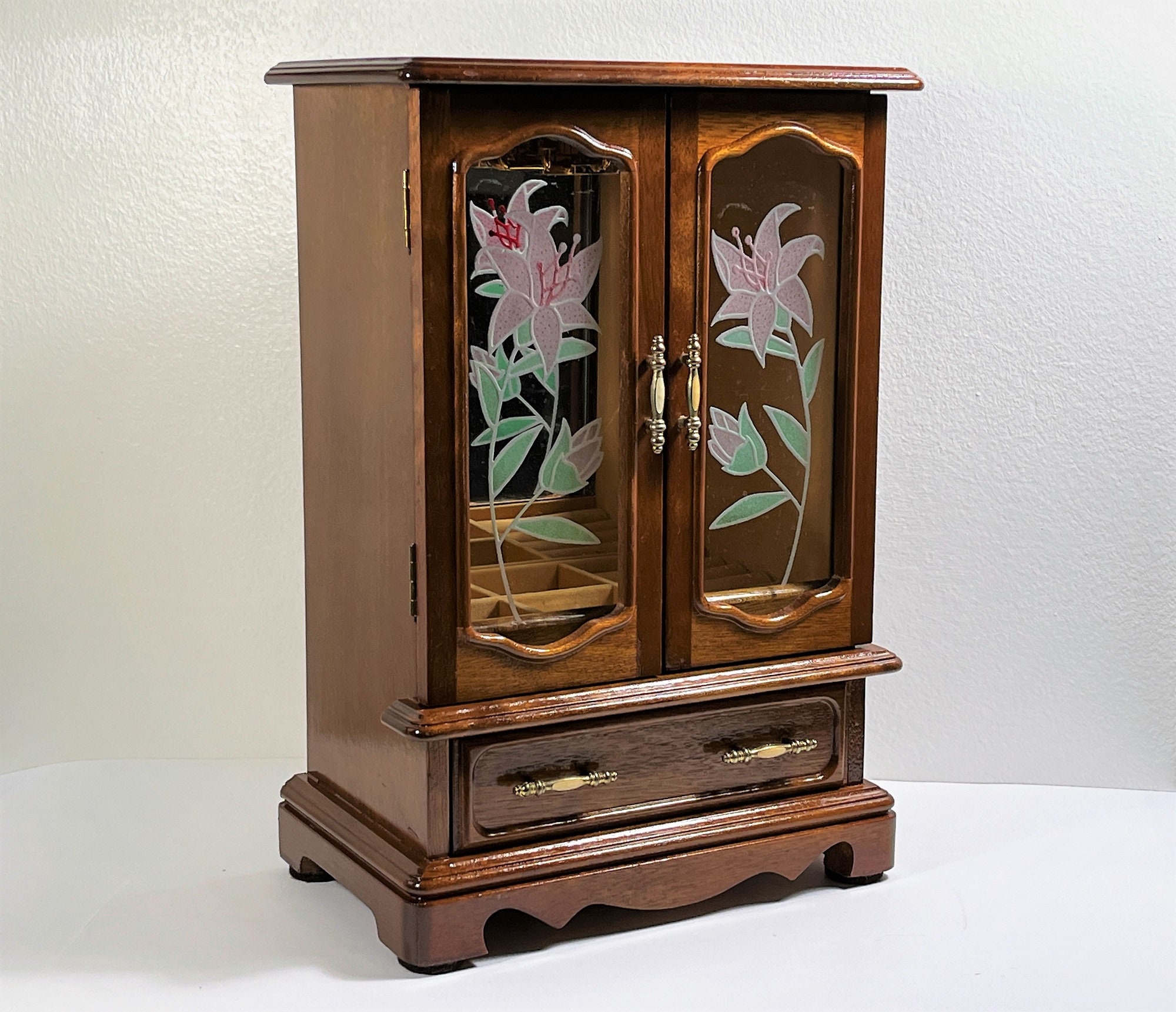 Vintage Powell Fine Wood Musical Jewelry Armoire Stained Glass Doors Light Mirror Hangers Ring Section Large Drawer Free US Shipping