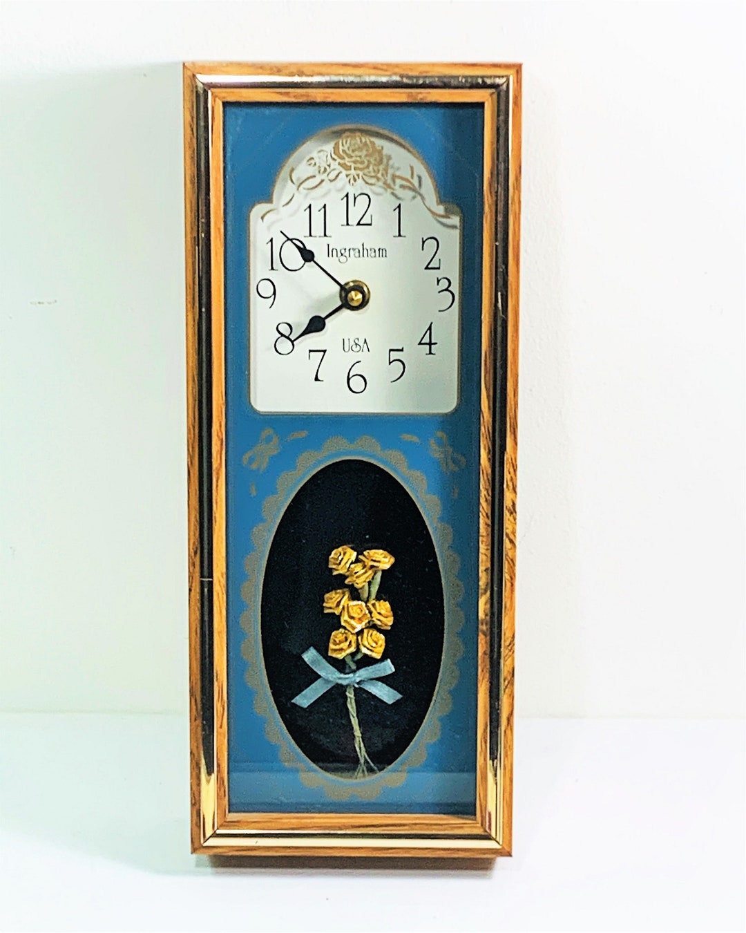 Vintage Ingraham USA Wooden Wall Art Clock, 3D Golden Roses, Patterned ...
