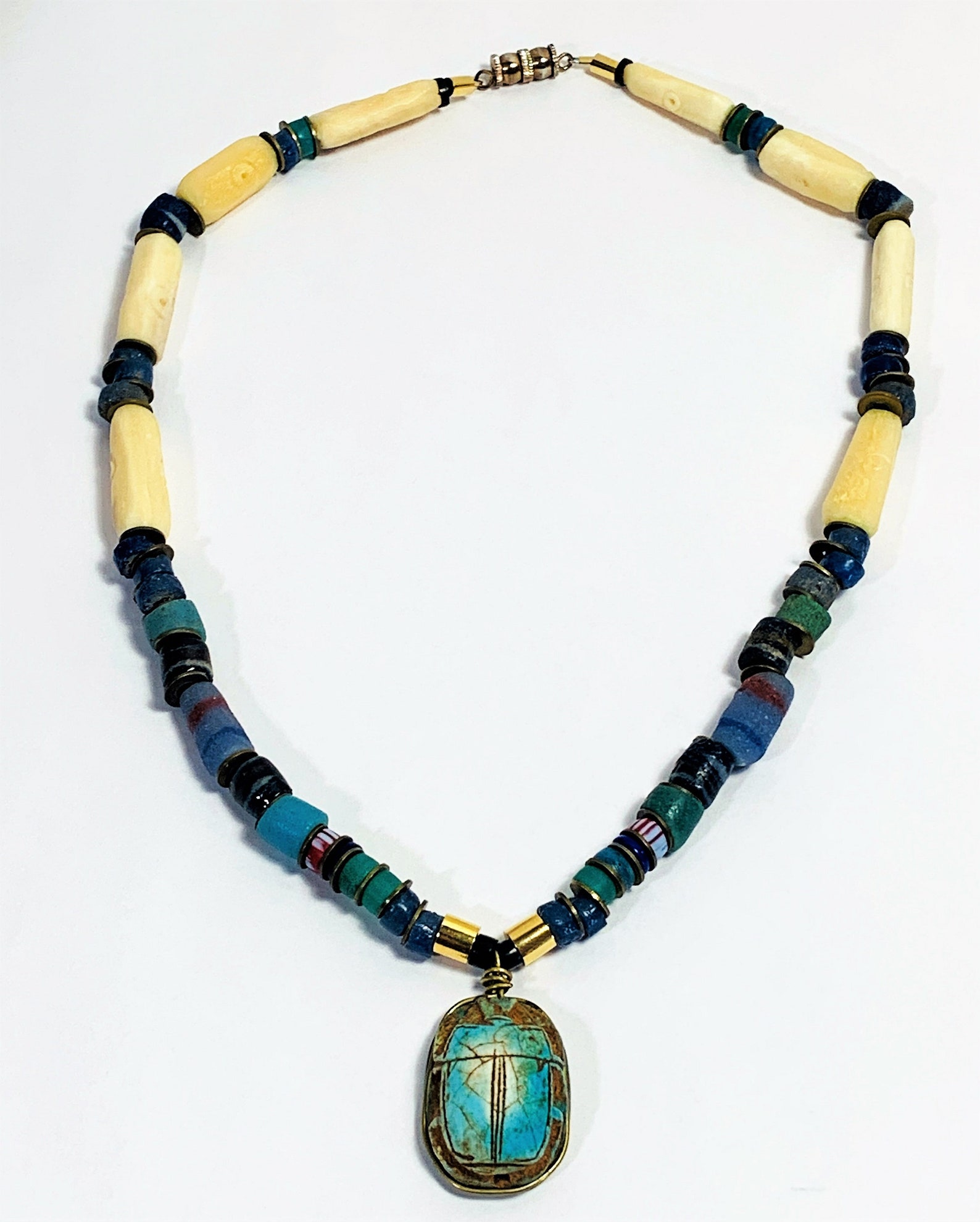 Ancient Egyptian Faience Scarab, Mummy & Bone Beads Necklace, Restrung ...