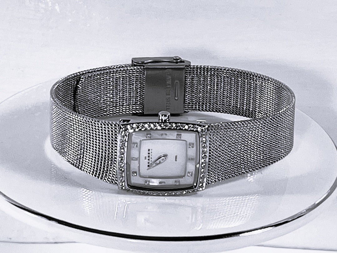 Skagen Designs Steel® Crystal Bezel Mesh Band Women Watch, Mother of ...