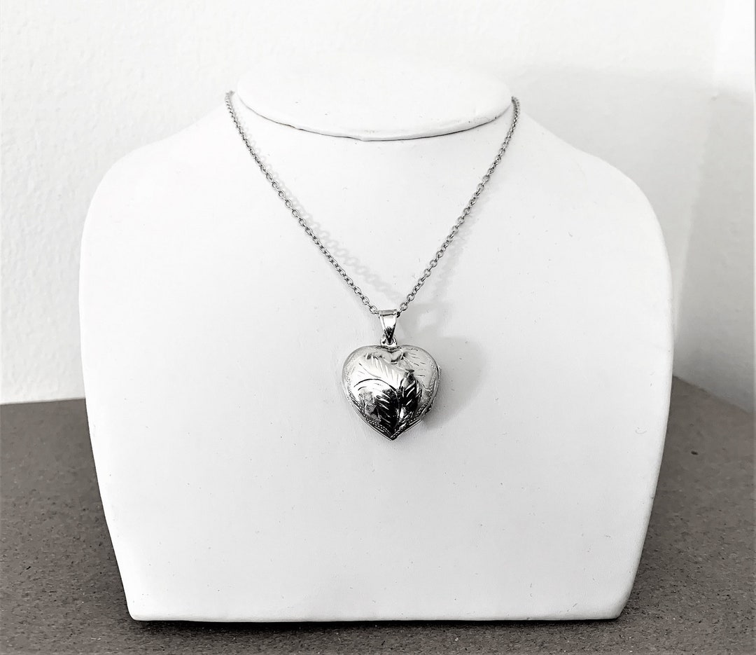 Vintage Sterling Silver Etched Heart Shape Locket With 20" Rolo Chain ...