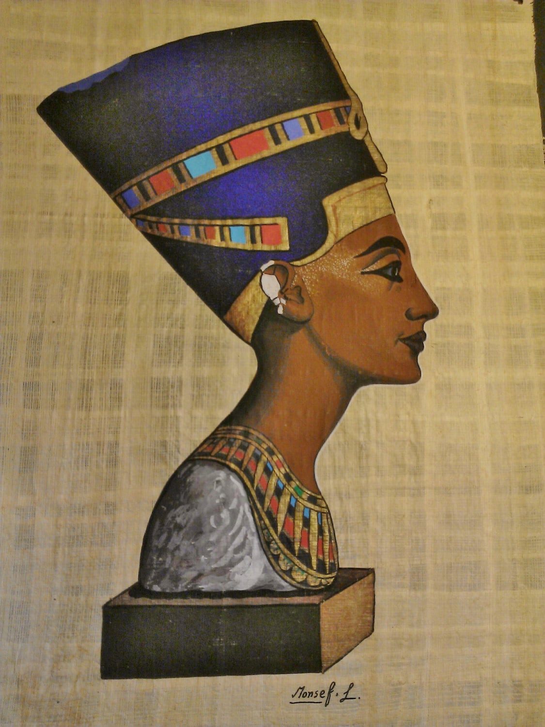 Vintage Hand Painted and Signed Egyptian Papyrus, Queen Nefertiti ...
