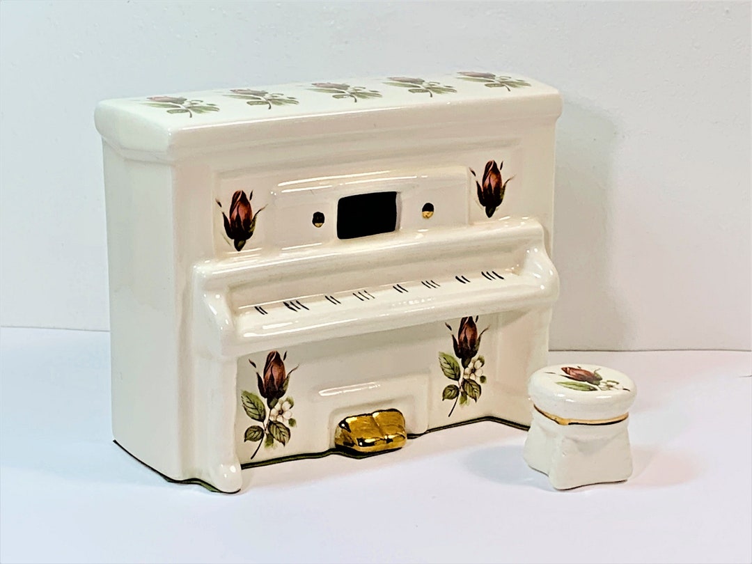 Vintage Fuji Japan Music Box, Upright Porcelain & Stool. Panted Flowers ...