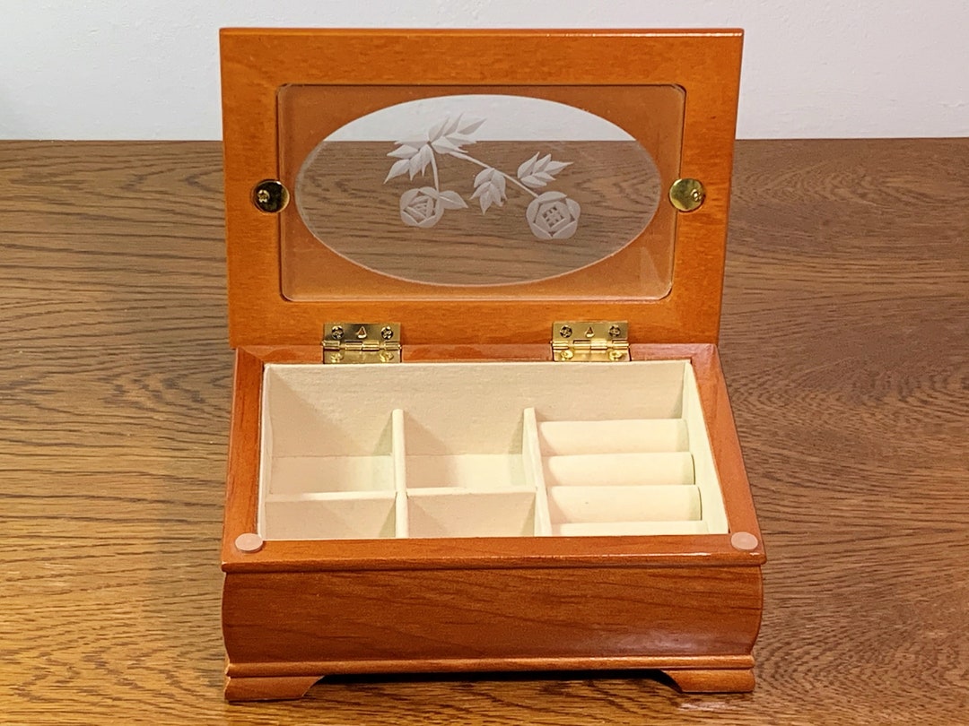 Golden Oak Wood Jewelry Box, Hinged Lid With Floral Etched Plexiglass ...
