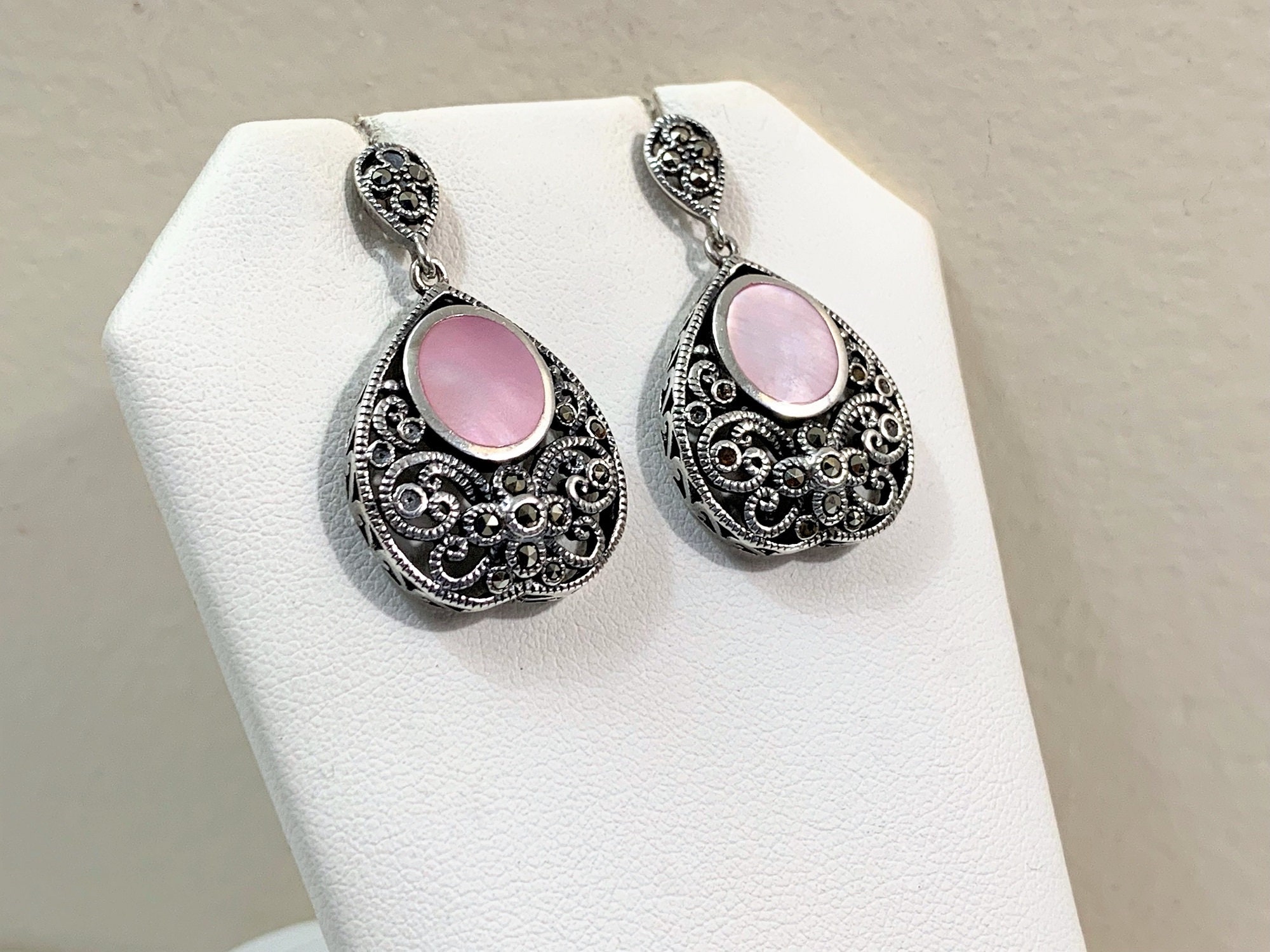 Vintage Sterling Silver Marcasite And Pink Mother Of Pearl Dangle
