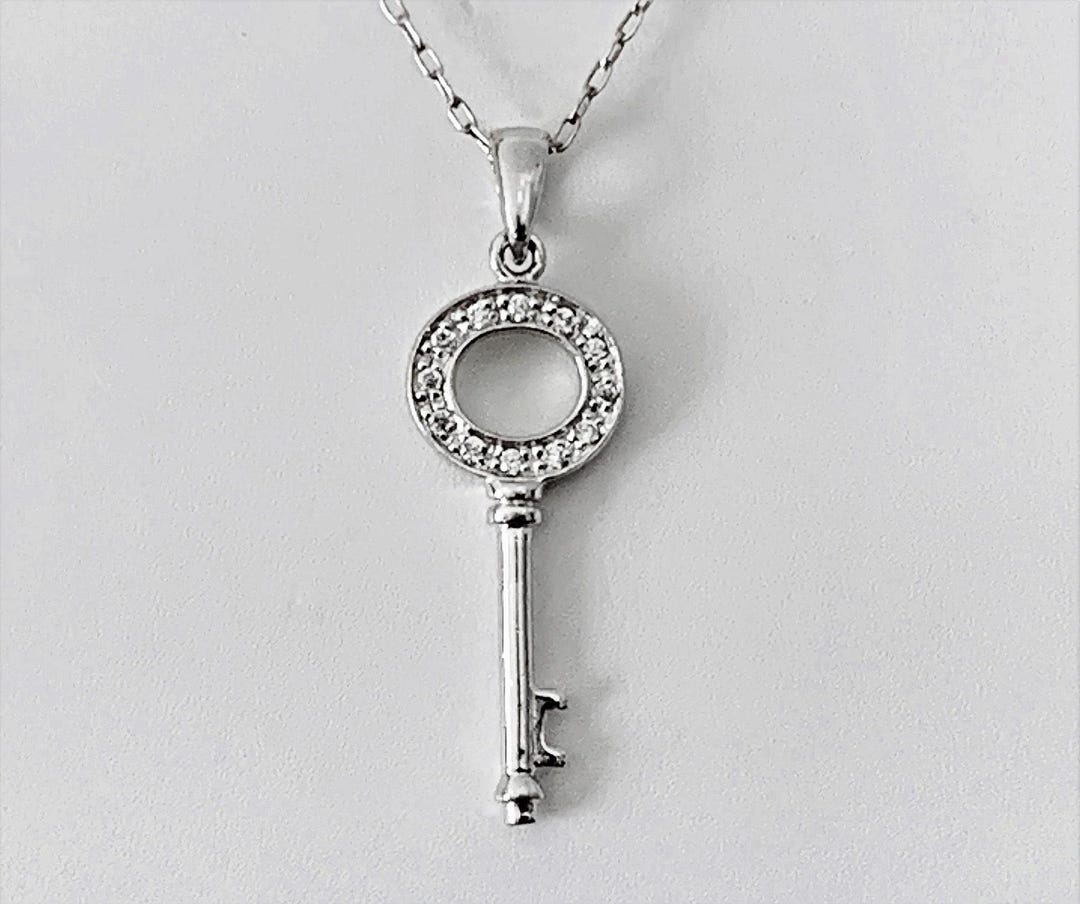 Sterling Silver .925 Key Necklace, 1 3/8" Key Pendant Accented With 12 ...