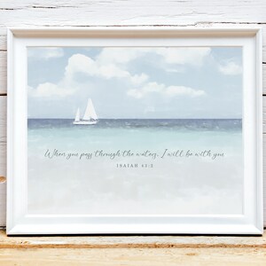 Watercolor Sailboat Print With Bible Verse Isaiah 43:2 – Soft Blue ...
