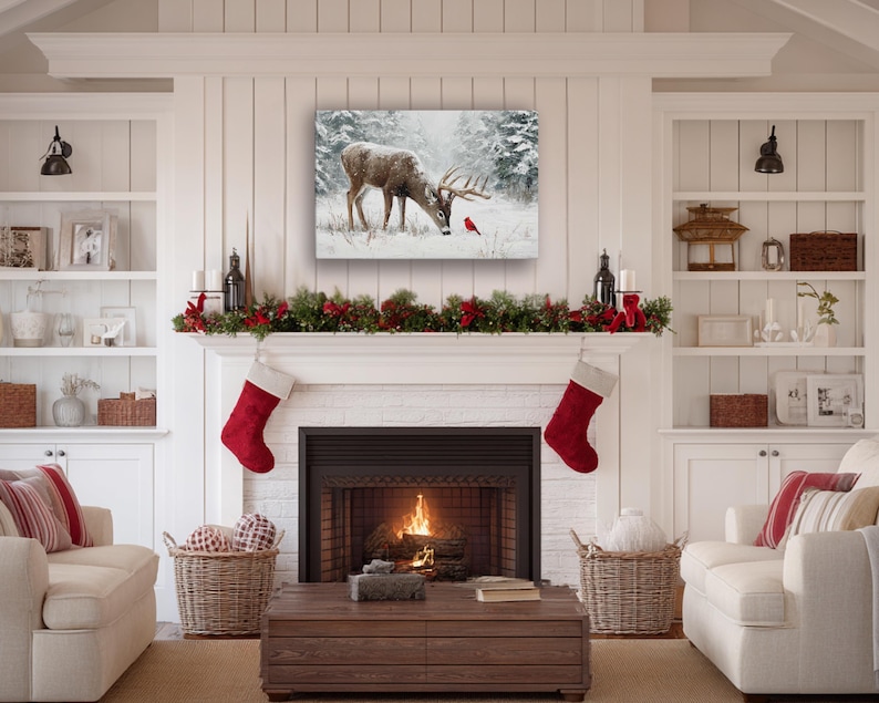Deer and Cardinal in Snow on Canvas Print, Ready to Hang Winter Decor ...