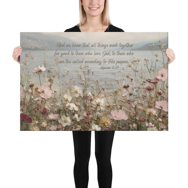 Romans 8:28 Scripture Art Print on Canvas – Floral Landscape Wall Art ...