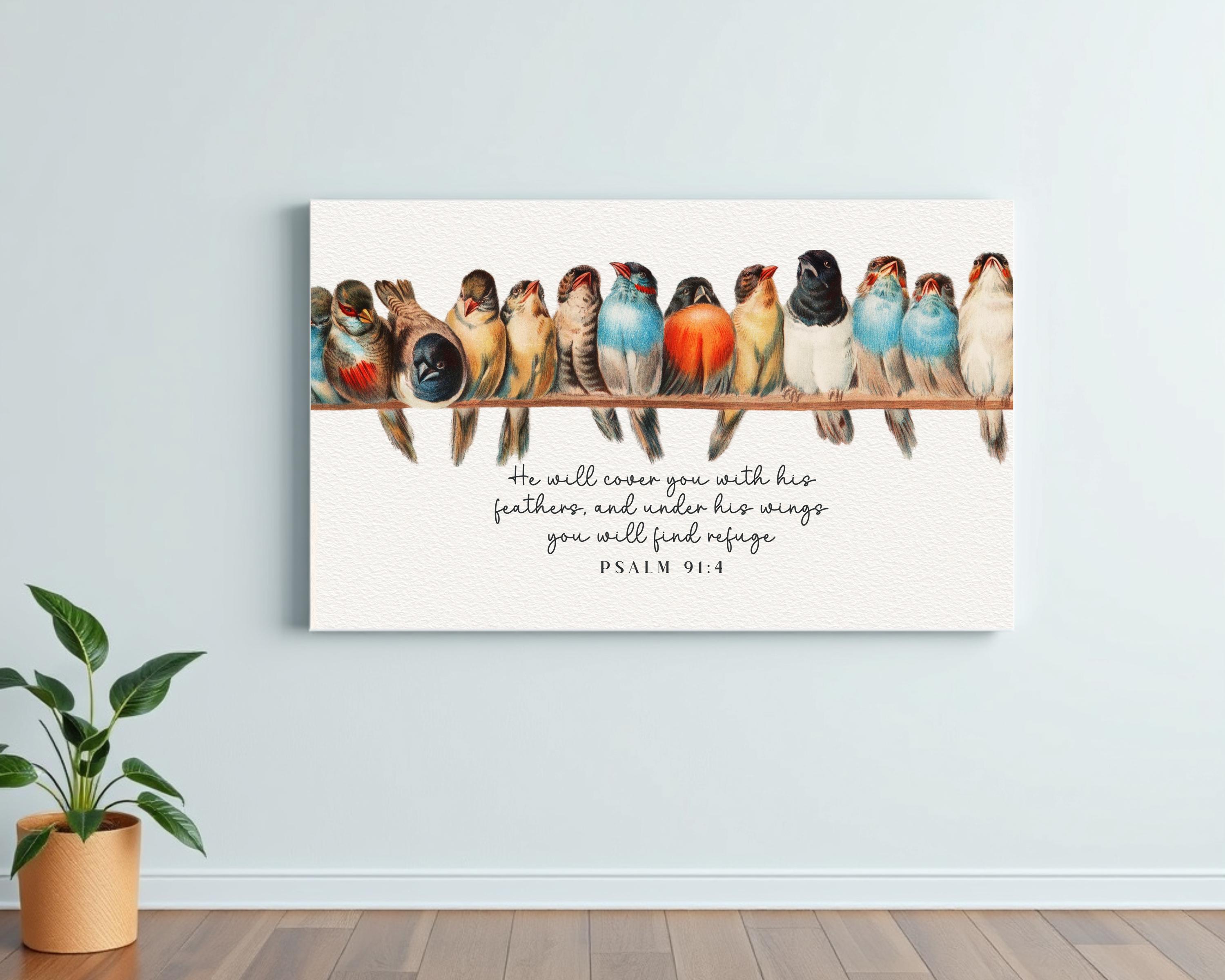 Psalm 91:4 Vintage Birds Bible Verse Unframed Canvas Wall Art Print ...