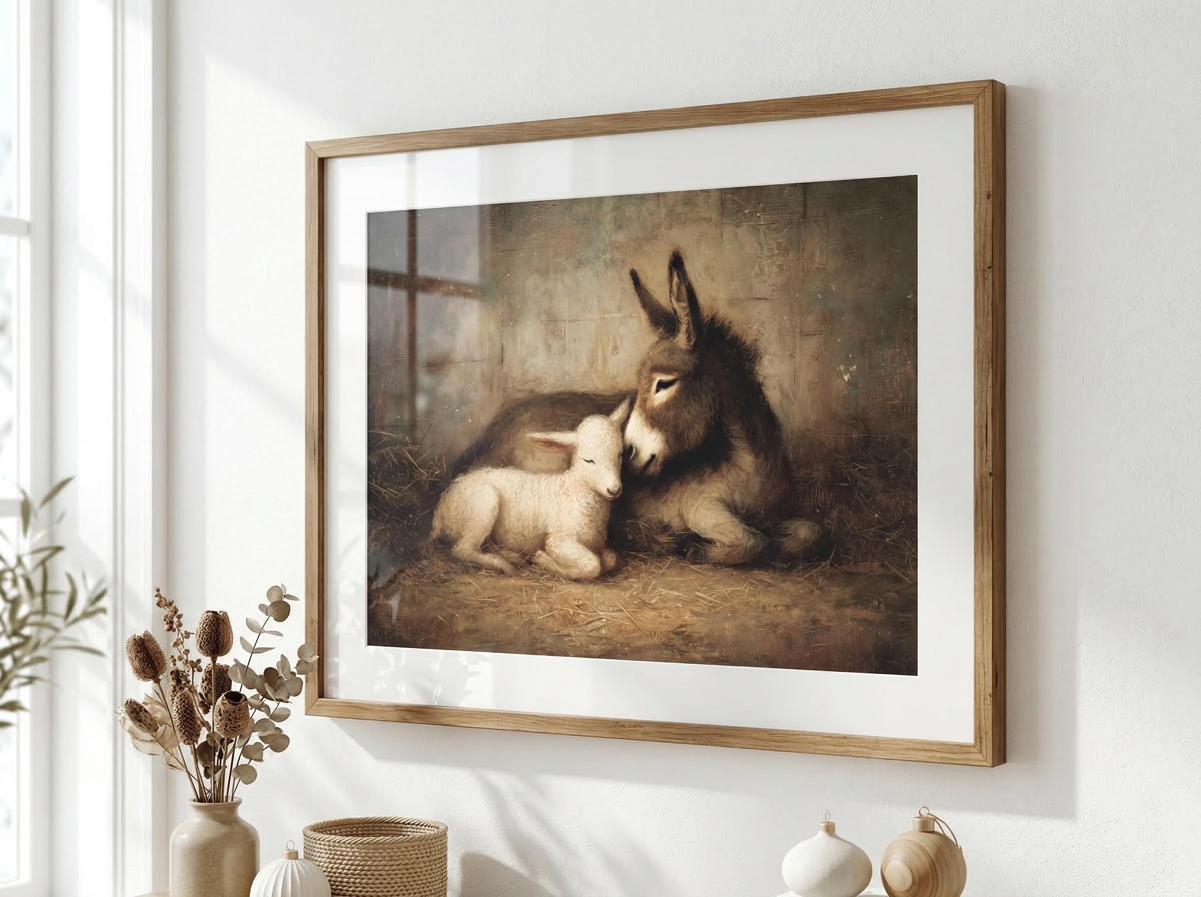 Baby Donkey and Lamb Nativity Art Print, Vintage Style Christmas Wall ...