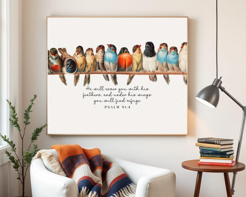 Psalm 91:4 Vintage Birds Bible Verse Unframed Canvas Wall Art Print ...