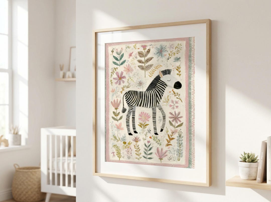 Whimsical Zebra Wall Art Print: Floral Nursery Artwork, Safari Animal ...