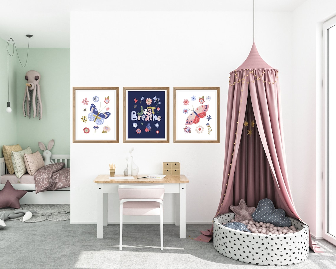 Girl's Room Wall Decor Set of 3 Printable Art Butterflies Flowers ...