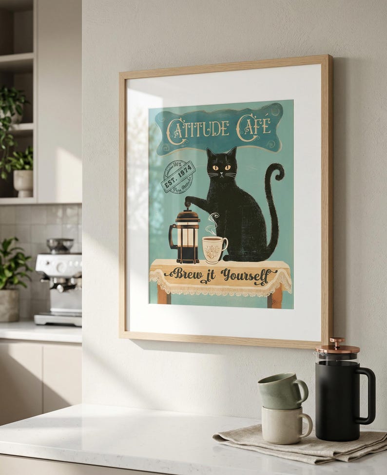Retro Black Cat Coffee Print, French Press Kitchen Wall Art, Vintage ...