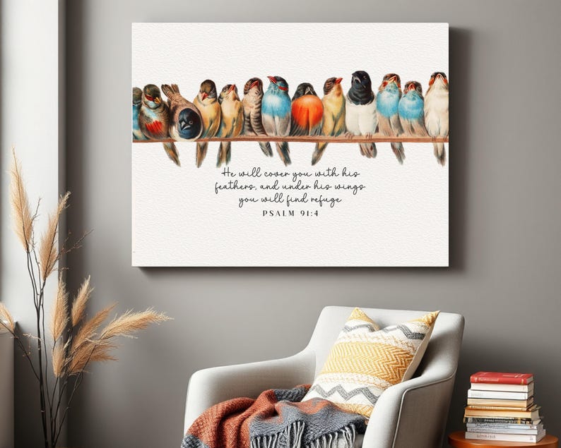 Psalm 91:4 Vintage Birds Bible Verse Unframed Canvas Wall Art Print ...