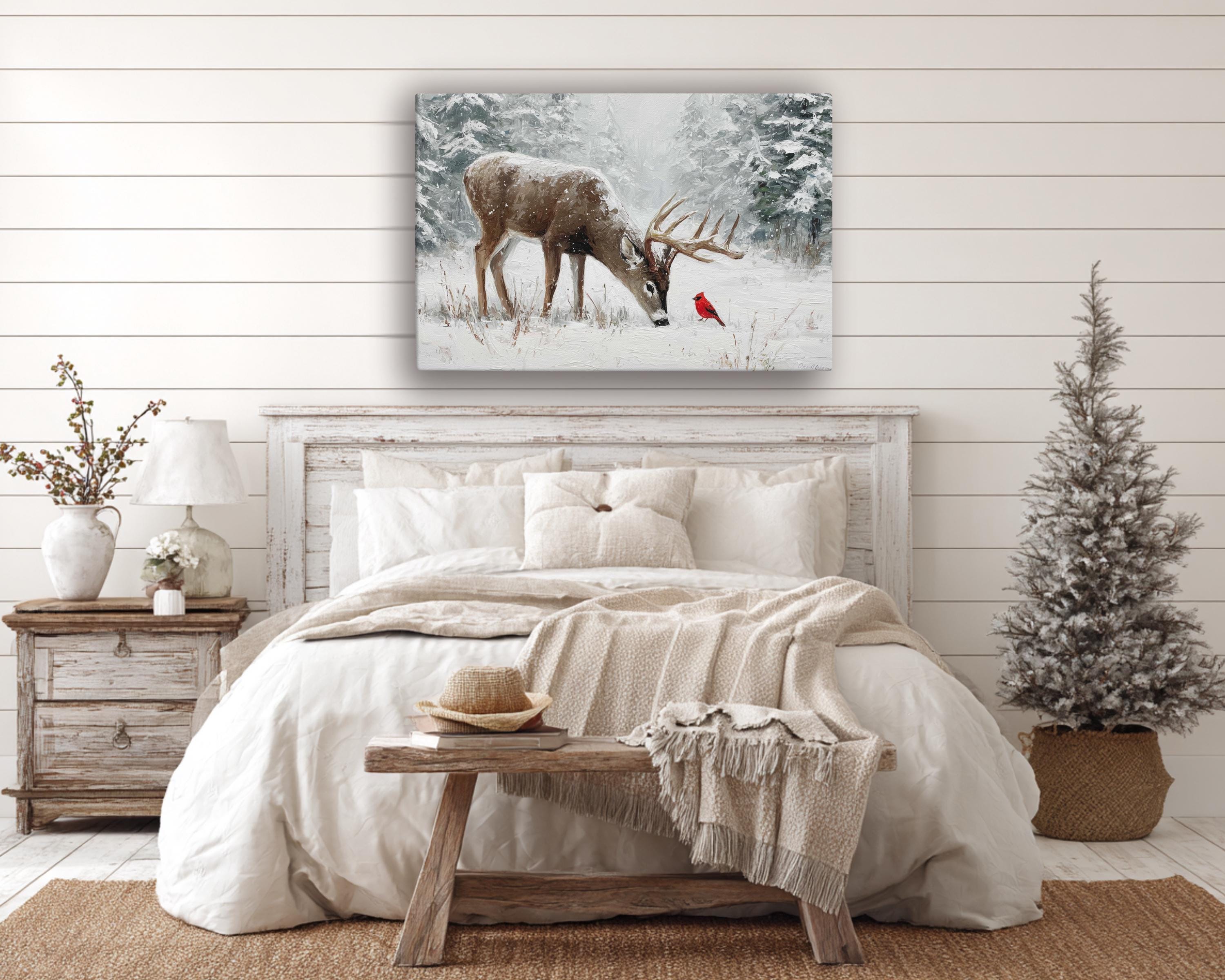 Deer and Cardinal in Snow on Canvas Print, Ready to Hang Winter Decor ...