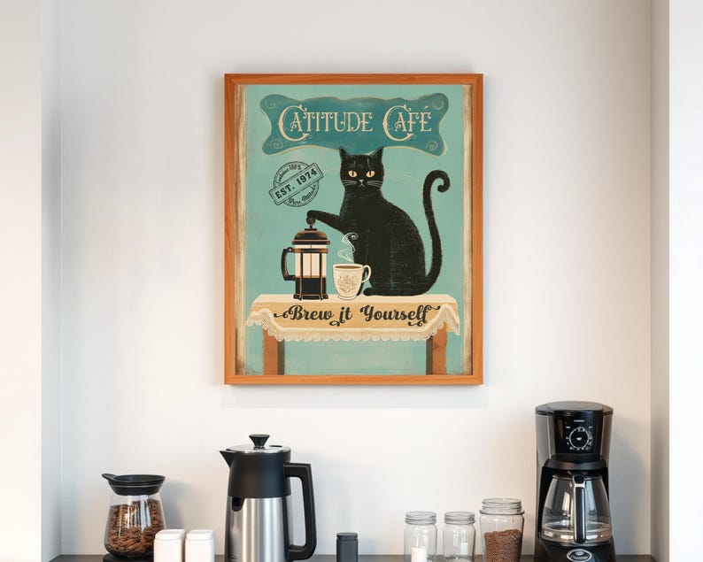 Retro Black Cat Coffee Print, French Press Kitchen Wall Art, Vintage ...