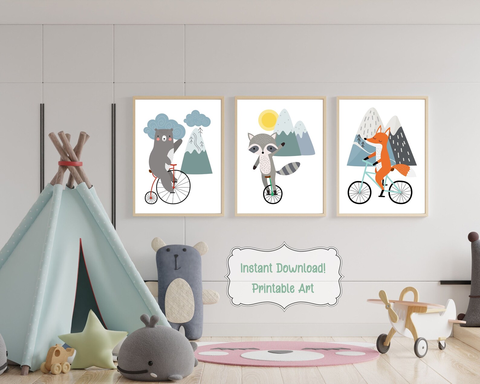 Woodland Animals Kids Room Wall Decor Set of 3 Scandi Nursery Prints ...