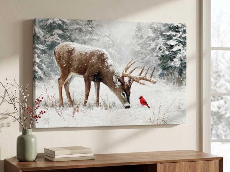 Deer and Cardinal in Snow on Canvas Print, Ready to Hang Winter Decor ...