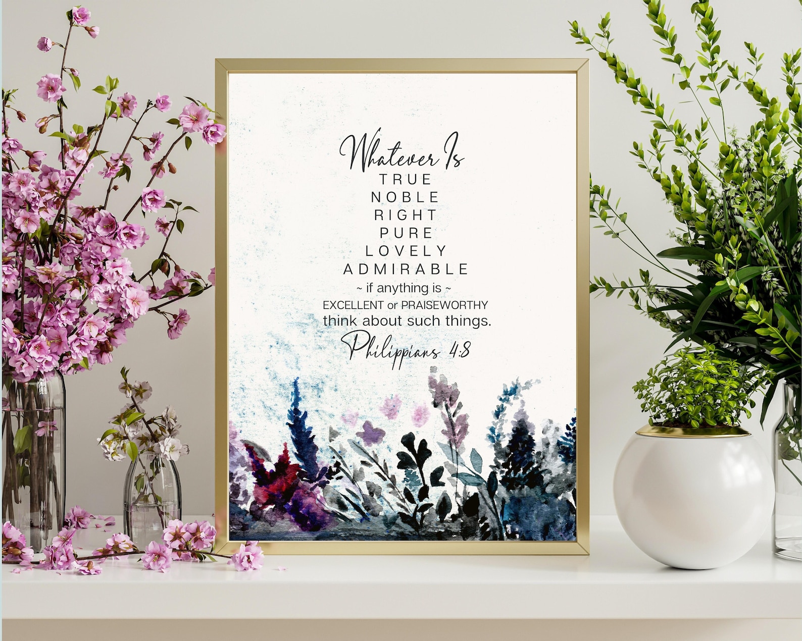 Philippians 4:8 Bible Verse Wall Art Printable Download | Floral ...