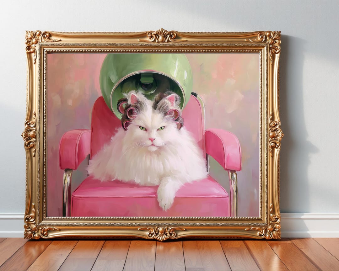 Vintage Glam Cat Art - Fluffy White Cat at Beauty Salon - Retro Hair ...
