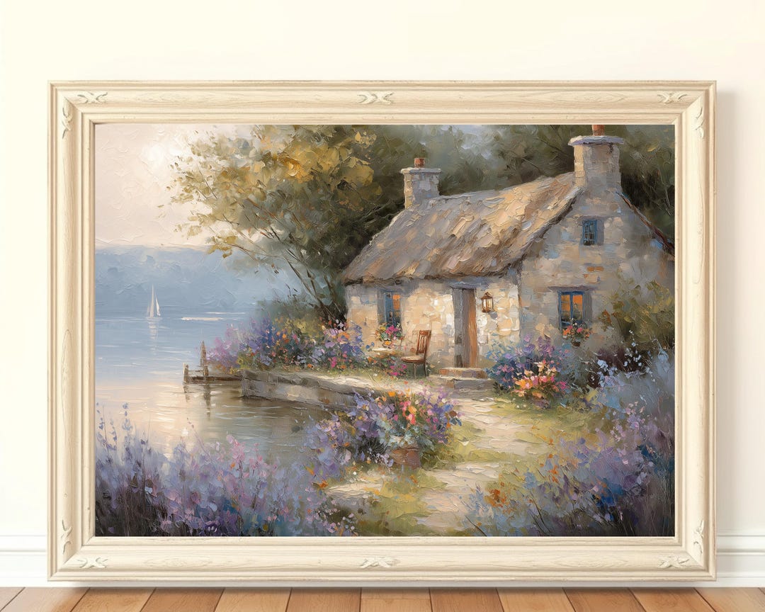 Romantic Cottage Wall Art Printable, Vintage Lavender Floral Landscape ...