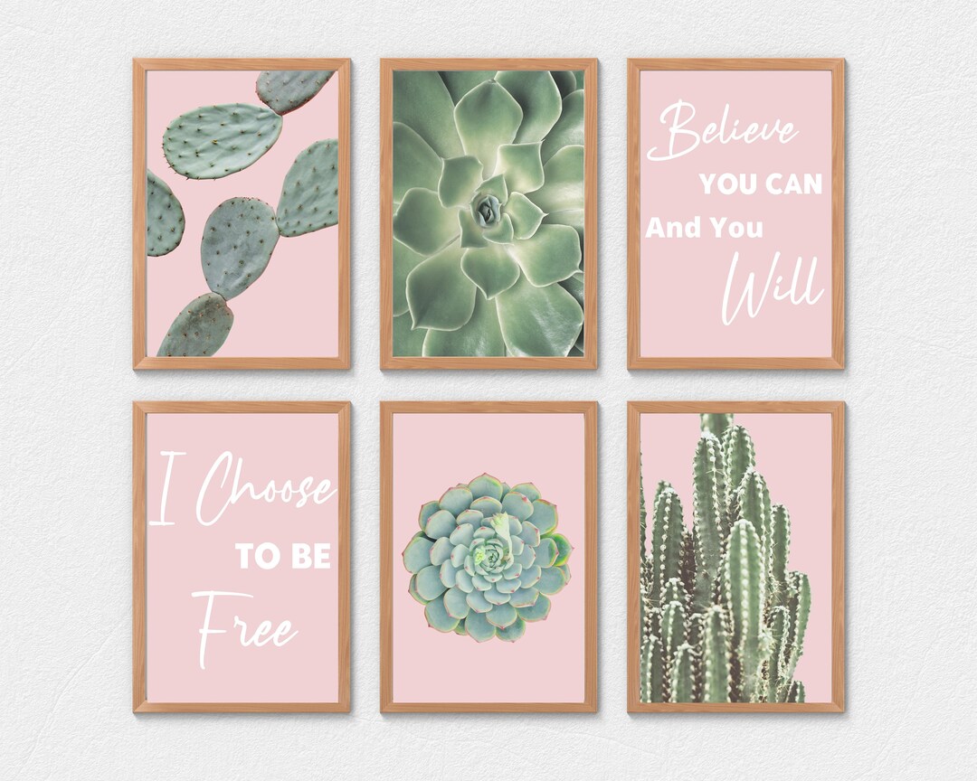 Set of 6 Cactus & Succulent Prints – Pastel Pink Motivational Quotes ...