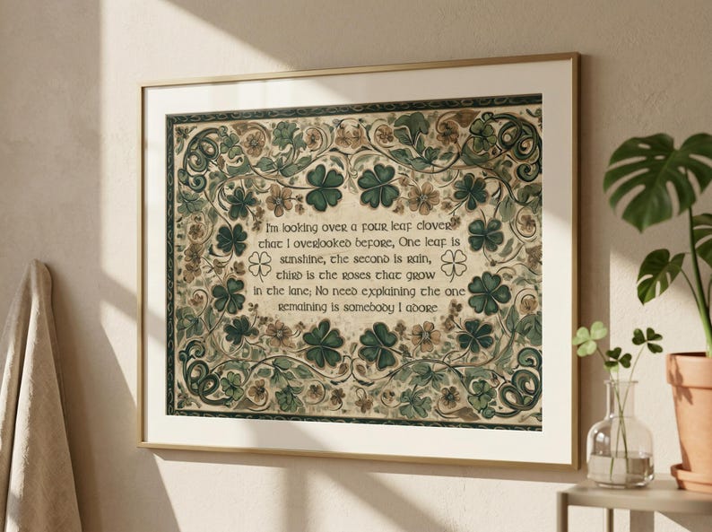 Vintage Four Leaf Clover Art Print, Celtic Wall Decor, Shamrock Poster ...