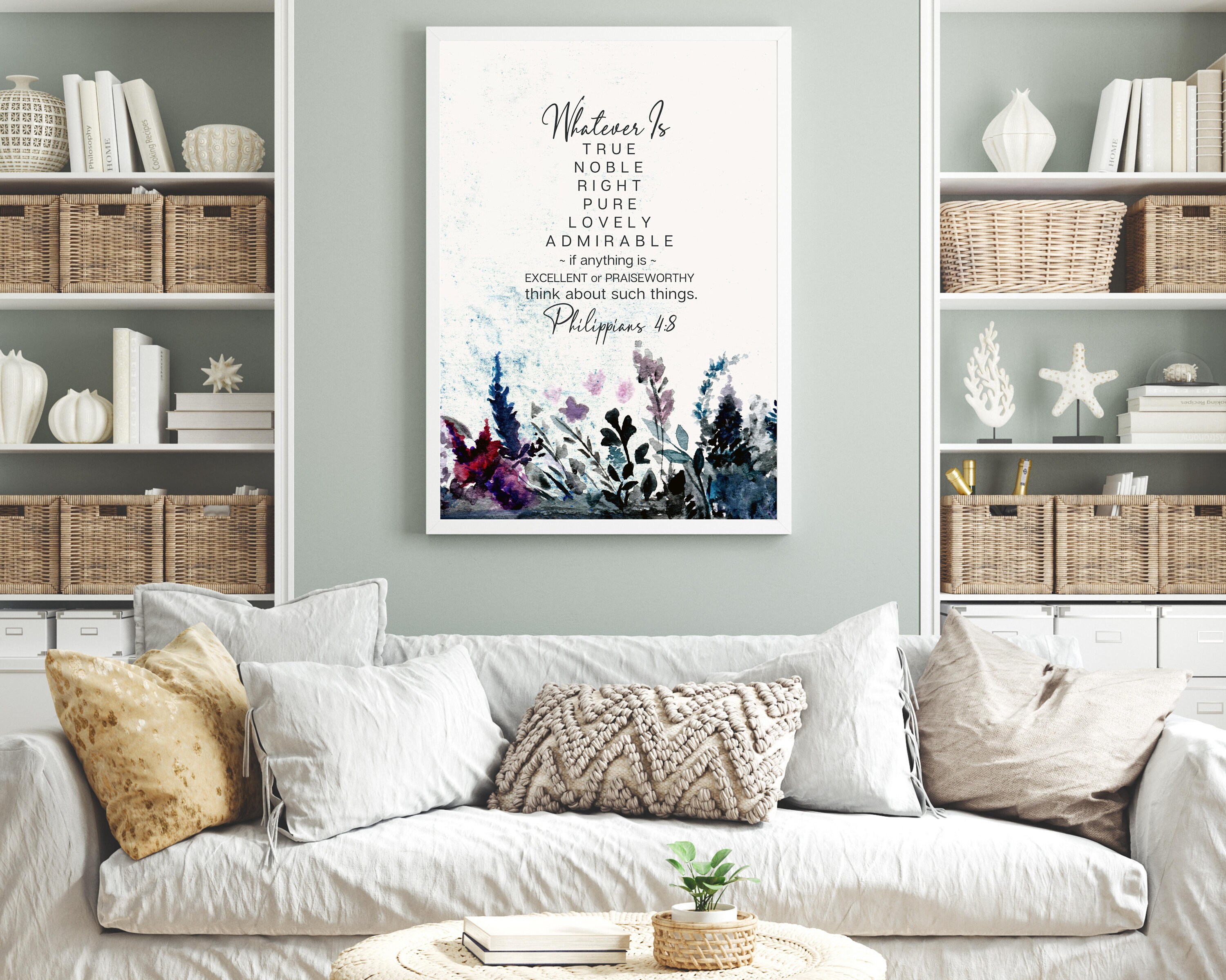 Philippians 4:8 Bible Verse Wall Art Printable Download Floral ...