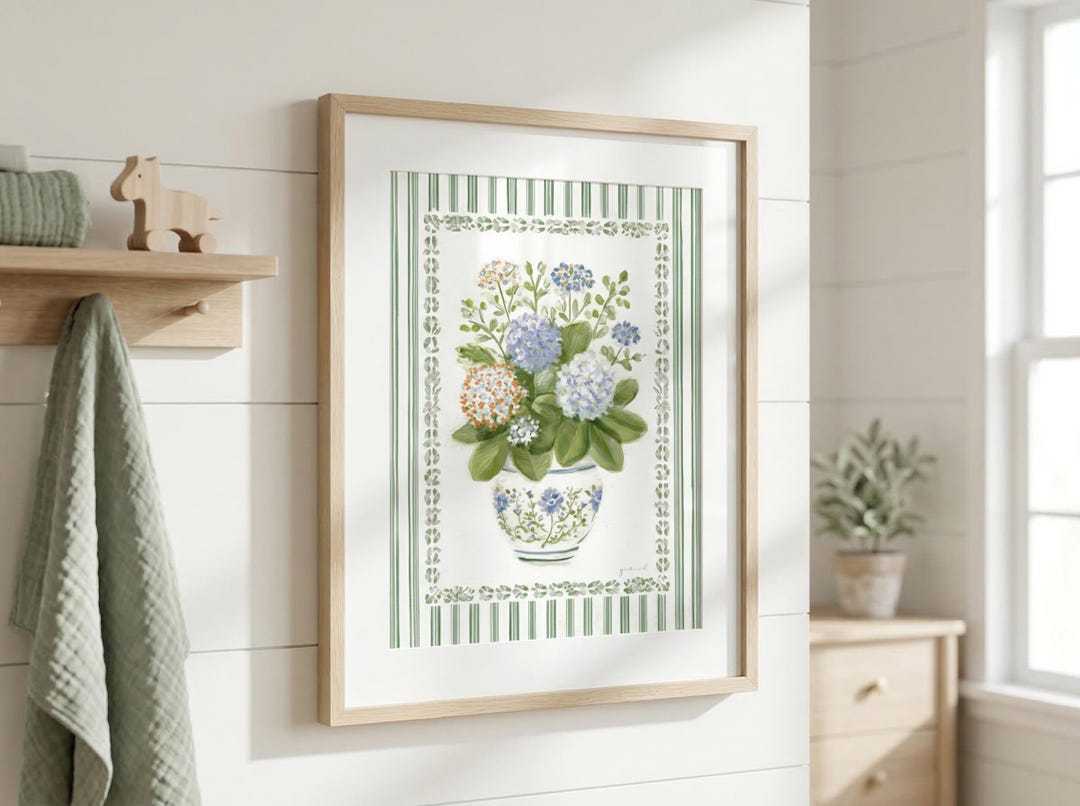 Blue Hydrangea Floral Art Print: Vintage Botanical Preppy Decor ...