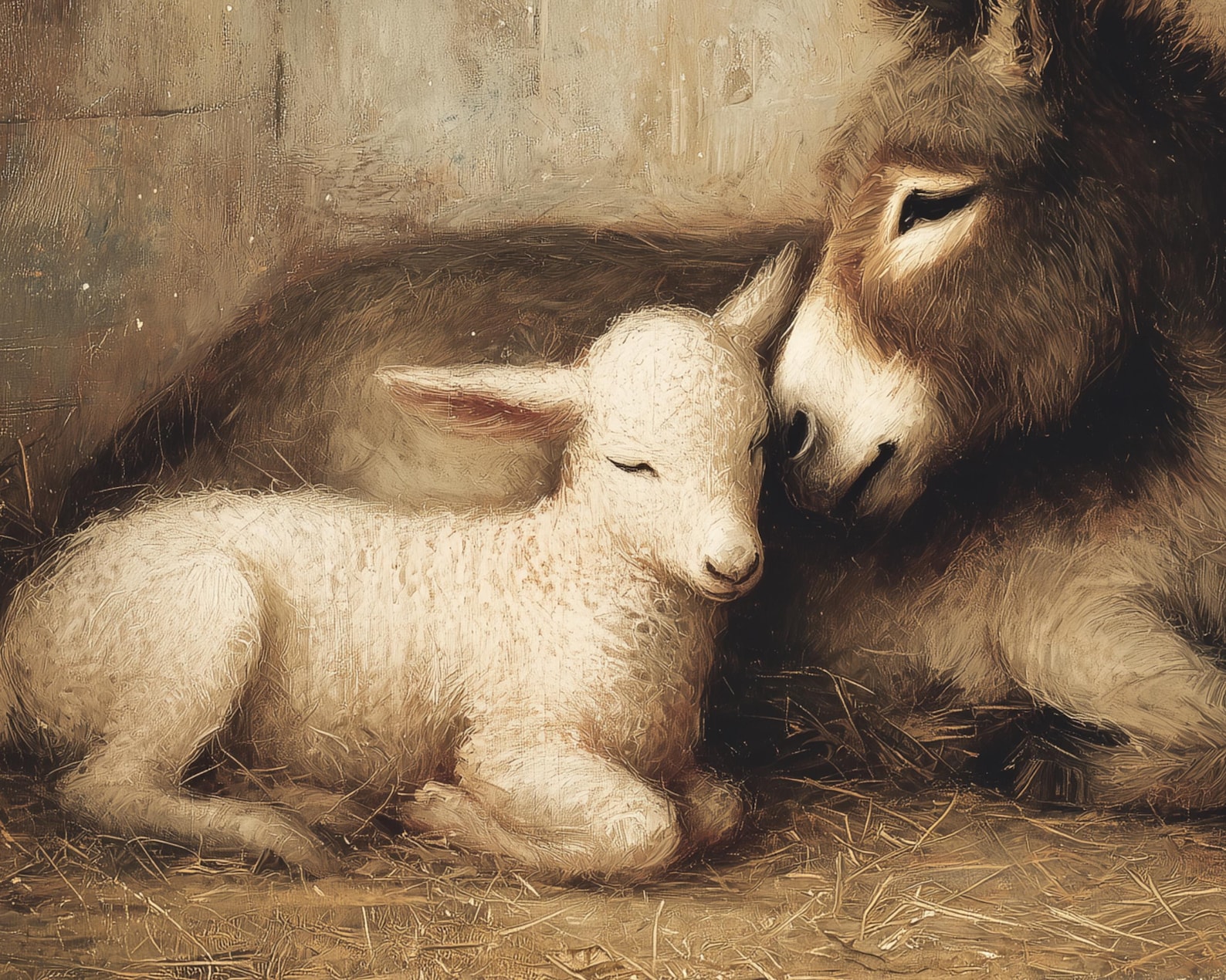 Baby Donkey and Lamb Nativity Art Print, Vintage Style Christmas Wall ...