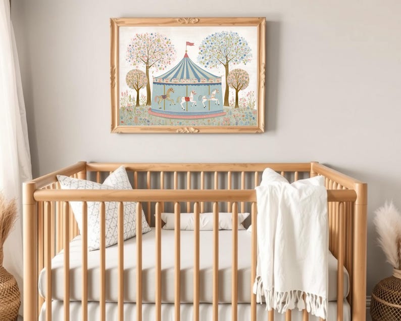 Vintage Carousel Wall Art Print: Whimsical Horse Artwork, Pastel Gender ...