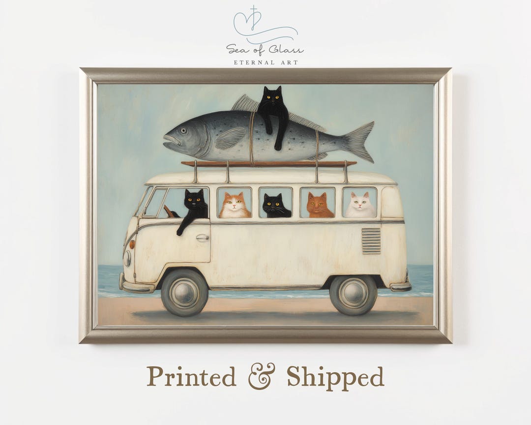 Mid-century Cat Art Print, Cats in VW Van, Retro Vintage Style Wall Art ...