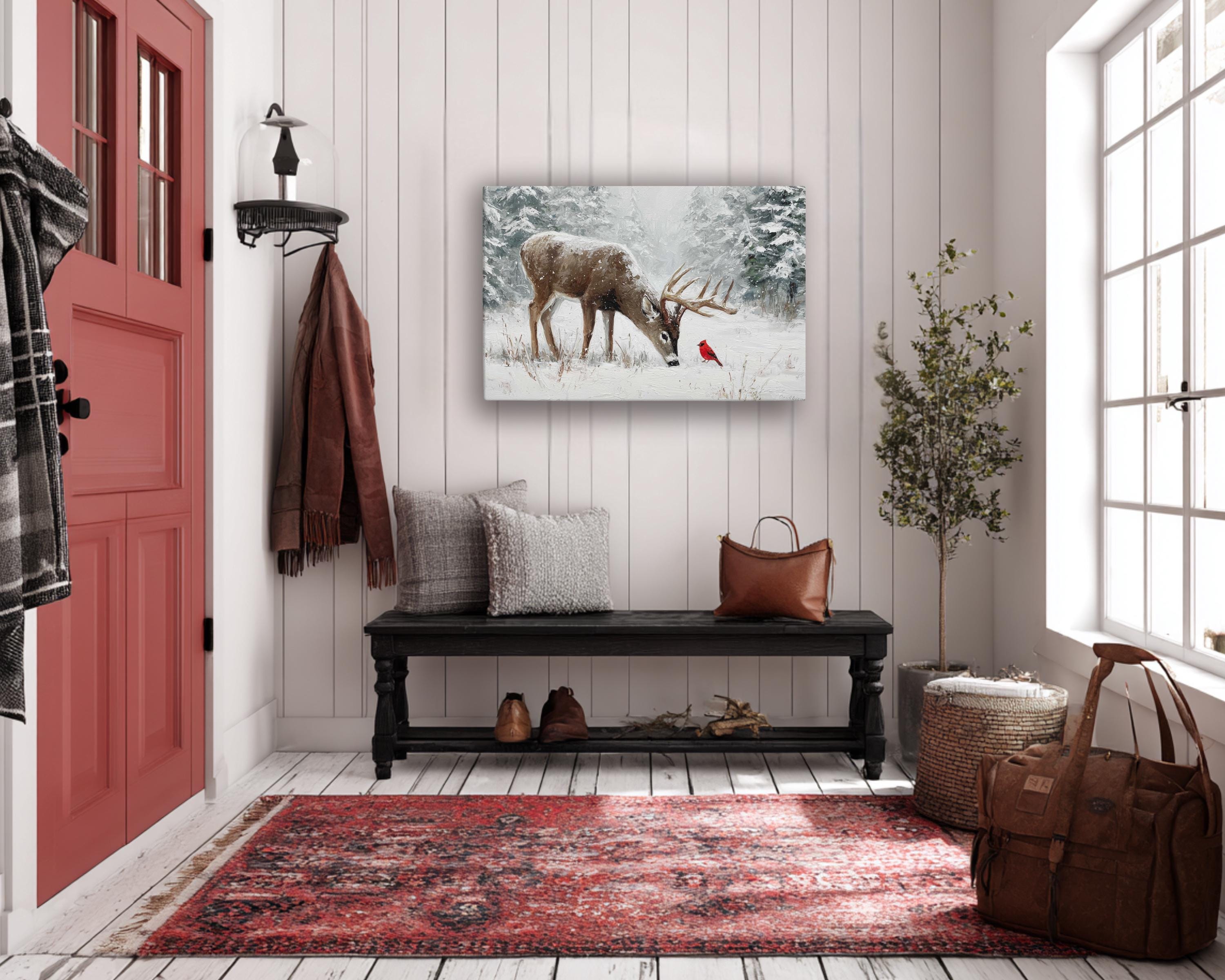 Deer and Cardinal in Snow on Canvas Print, Ready to Hang Winter Decor ...
