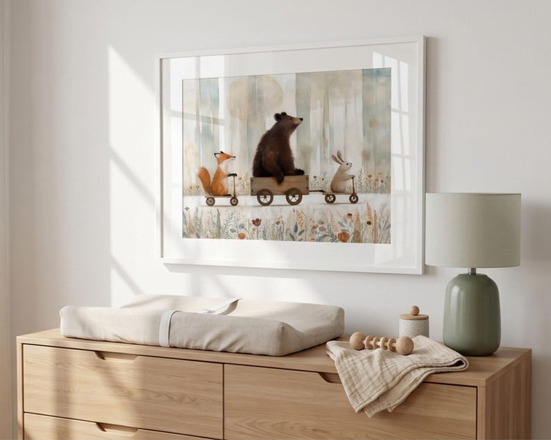 Bear, Fox, Bunny Wagon Art Print ~ Nursery Wall Decor ~ Whimsical ...
