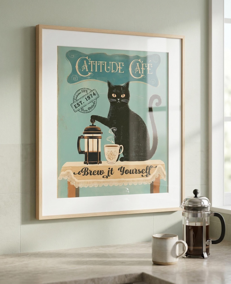 Retro Black Cat Coffee Print, French Press Kitchen Wall Art, Vintage ...