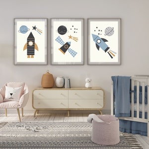 Rocket Ship Nursery Wall Decor Set of 3 Prints Printable Artwork Boy's ...