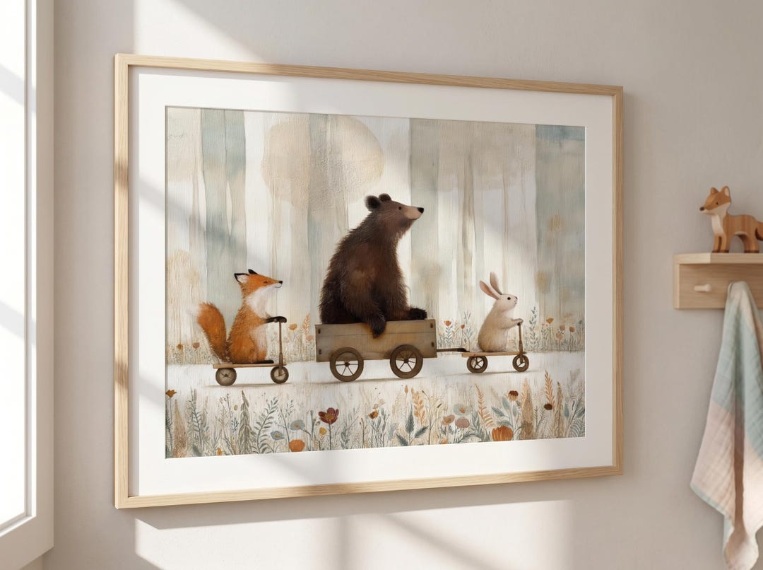 Bear, Fox, Bunny Wagon Art Print ~ Nursery Wall Decor ~ Whimsical ...