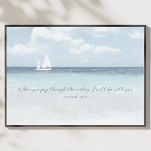Watercolor Sailboat Print With Bible Verse Isaiah 43:2 – Soft Blue ...