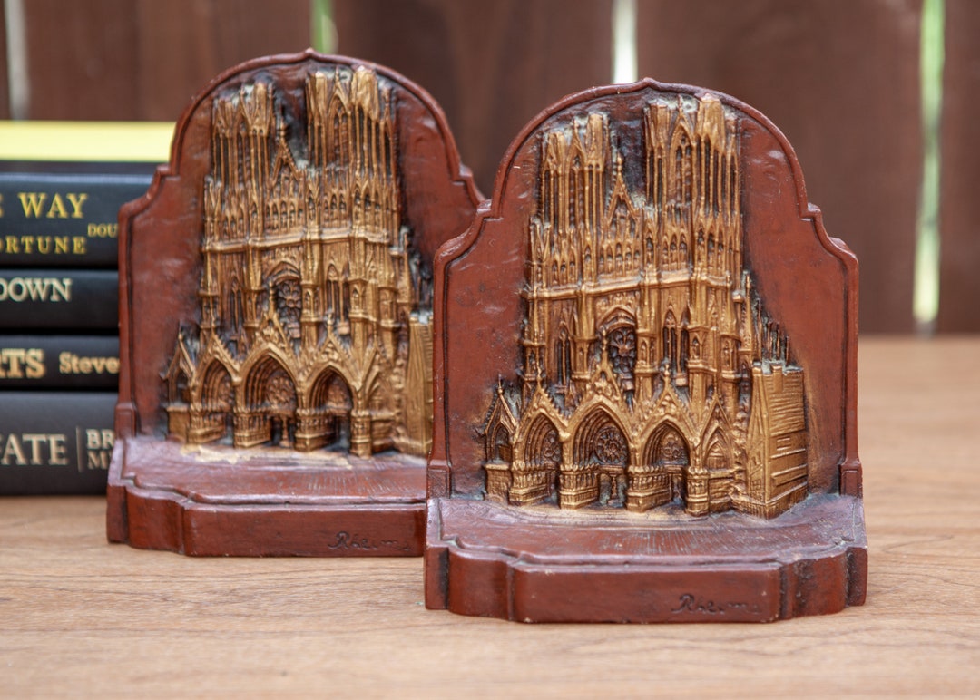 Notre Dame De Rheims Cathedral Bookends / Golden Church on Red~brown ...