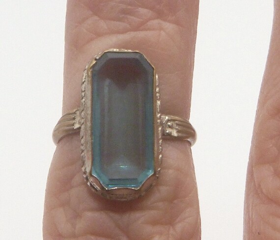 Brass aqua blue rectangular french paste pinky ring E… - Gem