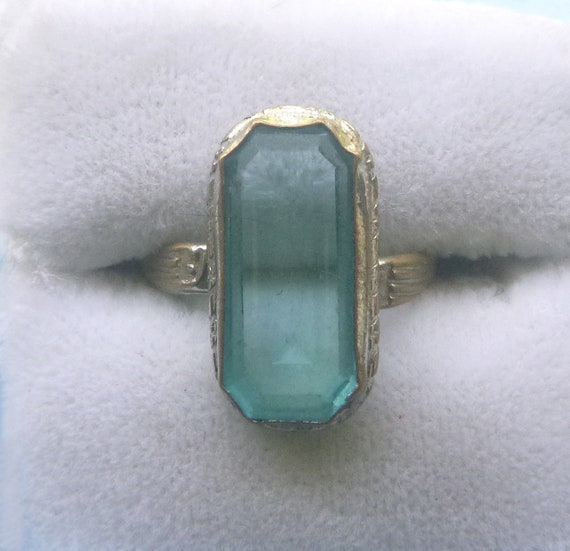 Brass aqua blue rectangular french paste pinky ring E… - Gem