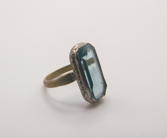 Brass aqua blue rectangular french paste pinky ring E… - Gem