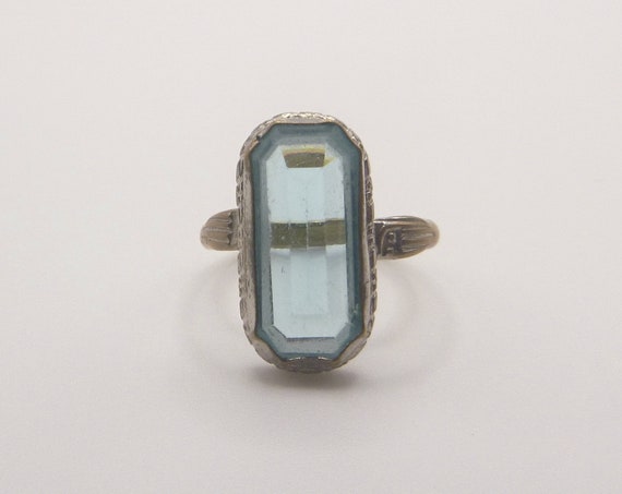 Brass aqua blue rectangular french paste pinky ring E… - Gem