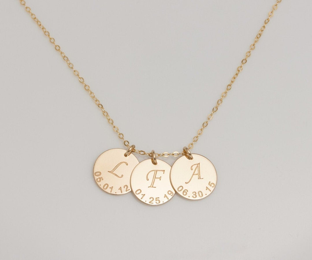 Personalized Gold Filled Initial Date Necklace, Engraved Disc Pendant ...
