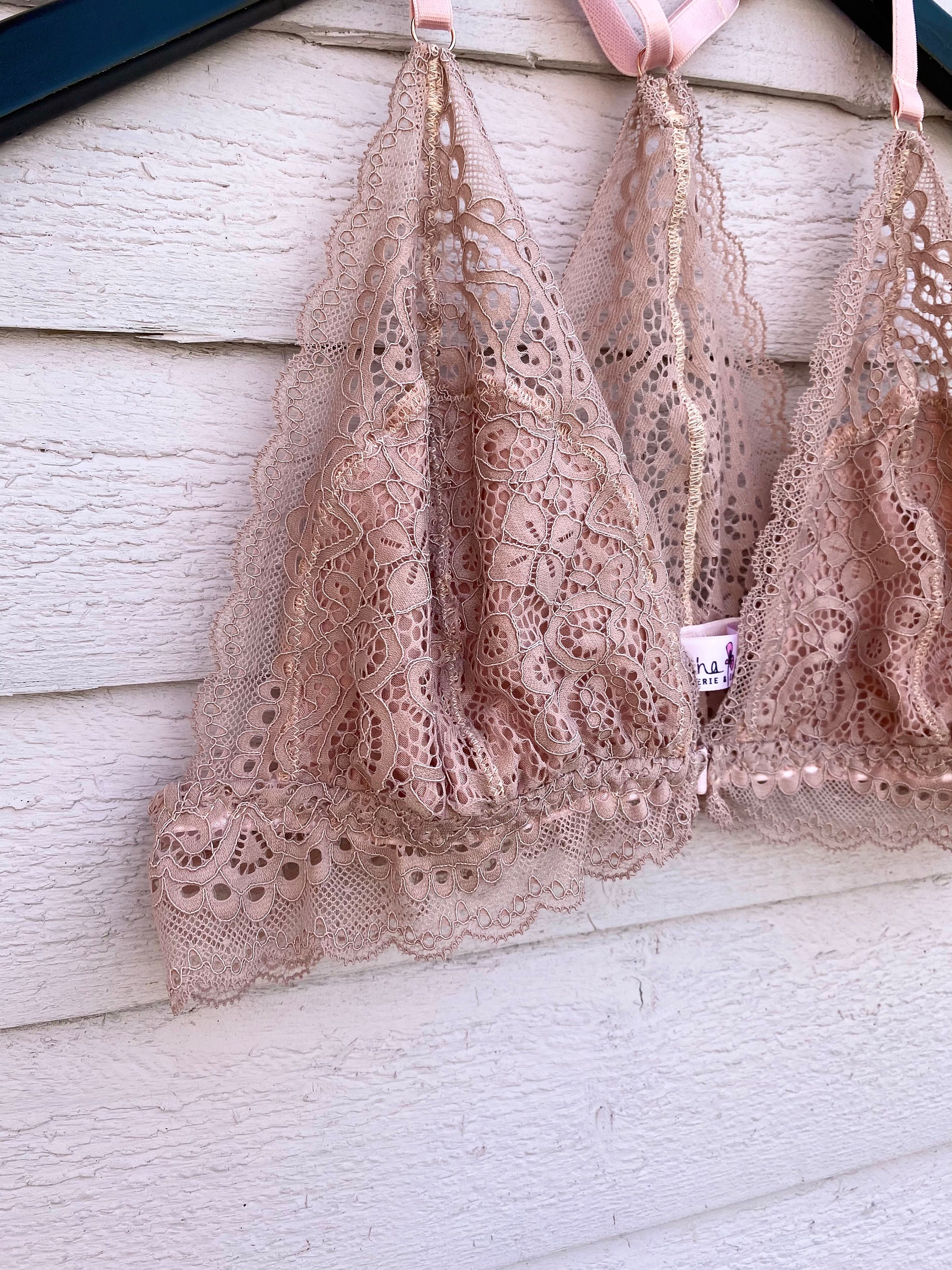 NEW Handmade Lingerie Floral Lace Racerback Triangle Bra in Blush Pink ...