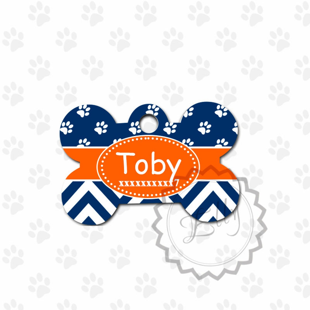 Navy and Orange Dog Tag Paws Design - Metal ID, Ossicle Design Pets ID ...